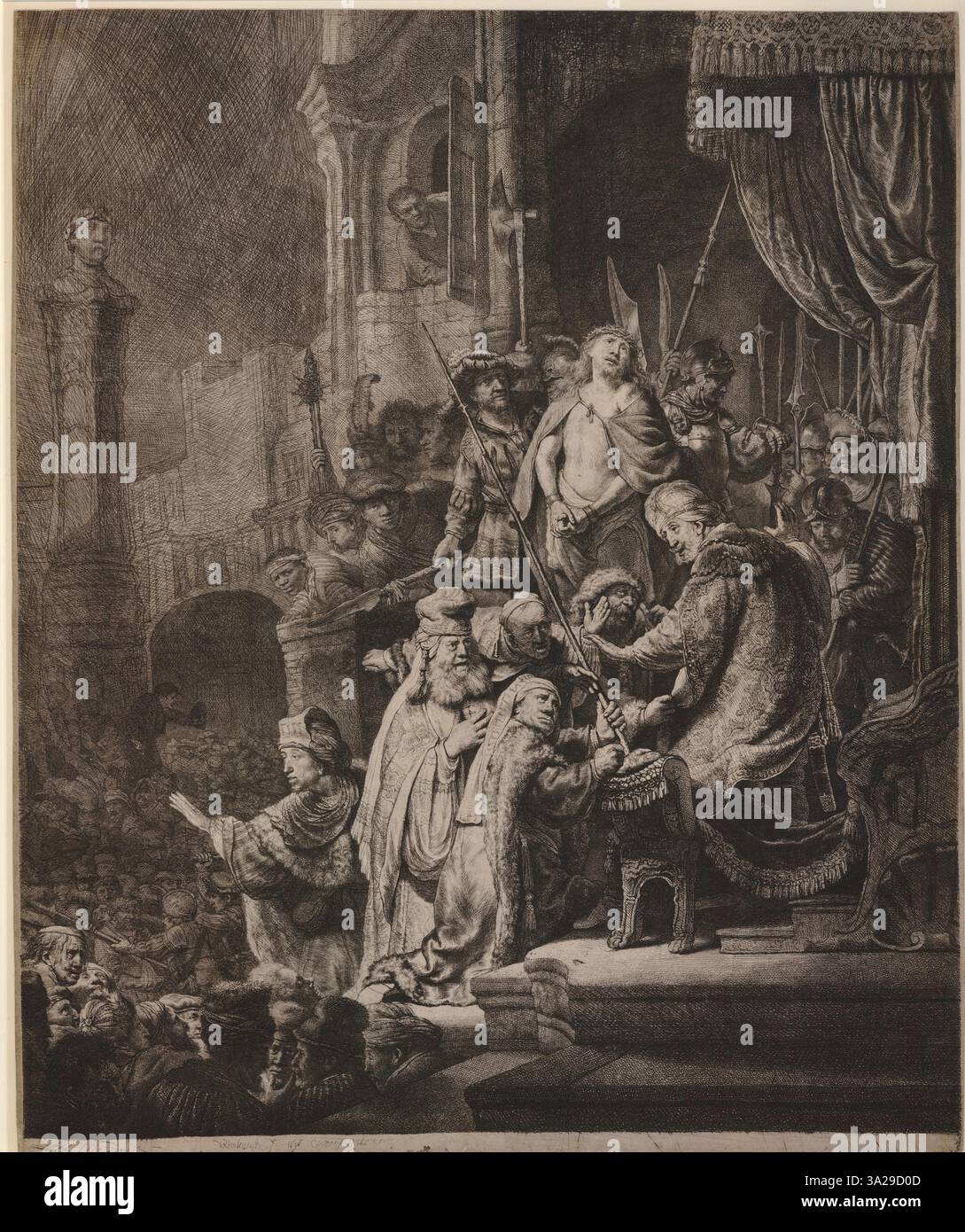 In this etching, Rembrandt uses minimal lines and strong contrasts to ...