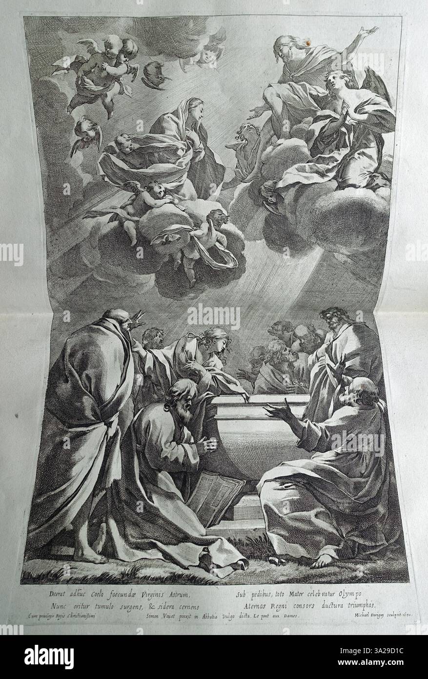 This engraving depicts the Assumption of the Virgin, with Christ above ...