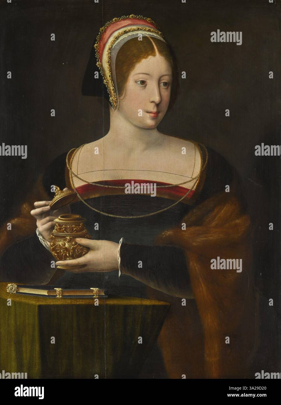 This half-length portrait of Mary Magdalene shows her holding a jar of ...