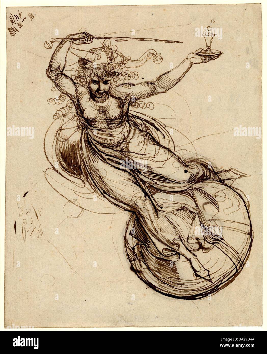 This verso drawing represents 'Fortune' as a female figure holding a ...