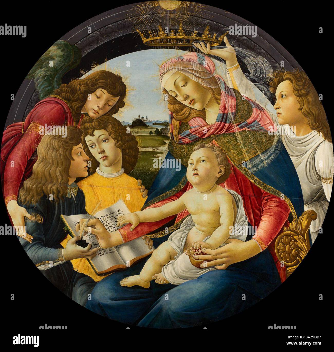 This artwork, likely created by Sandro Botticelli's workshop, portrays the Virgin Mary with ...