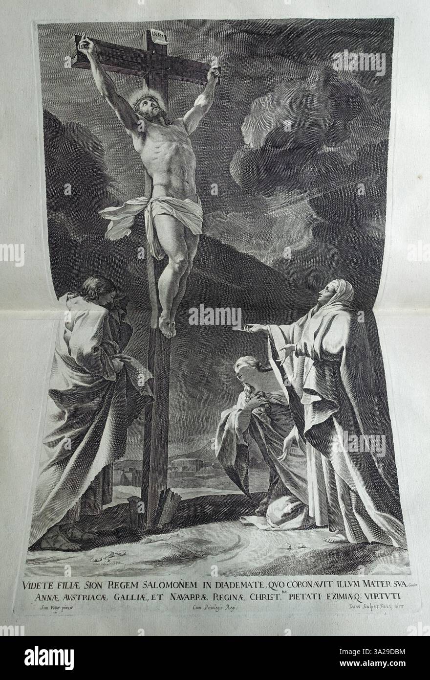 This religious painting shows Christ crucified with St. John the Evangelist on the left and the ...