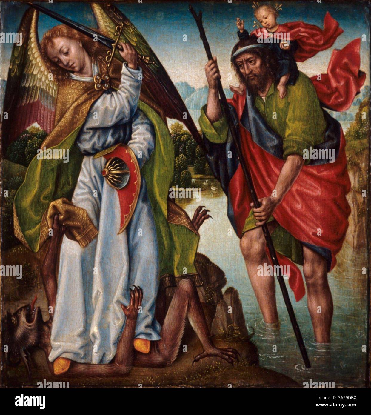 This panel from the Triptych of the Annunciation depicts Saint Michael and Saint Christopher ...