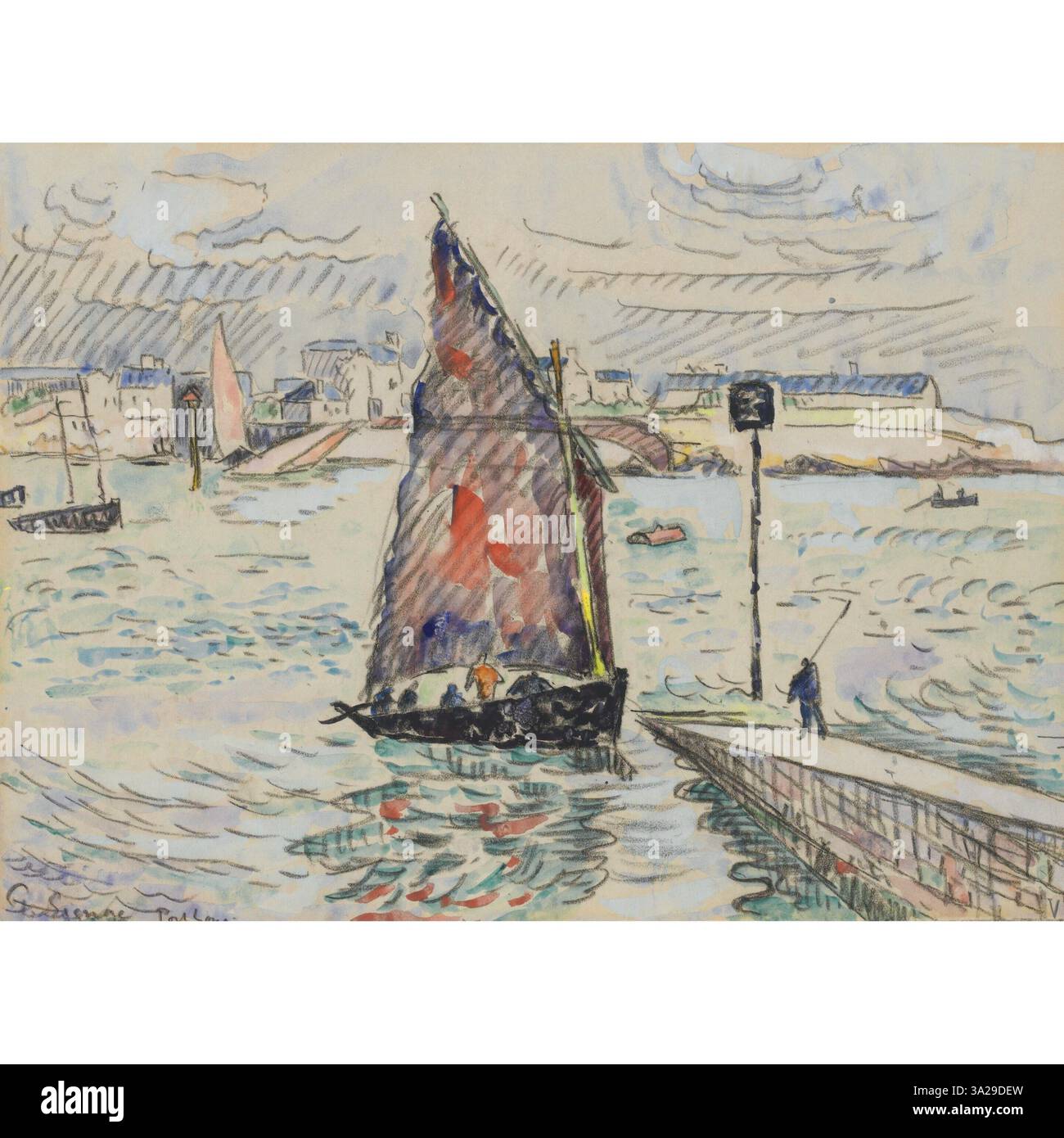 A portrayal of Port-Louis, featuring its calm harbor waters and boats ...