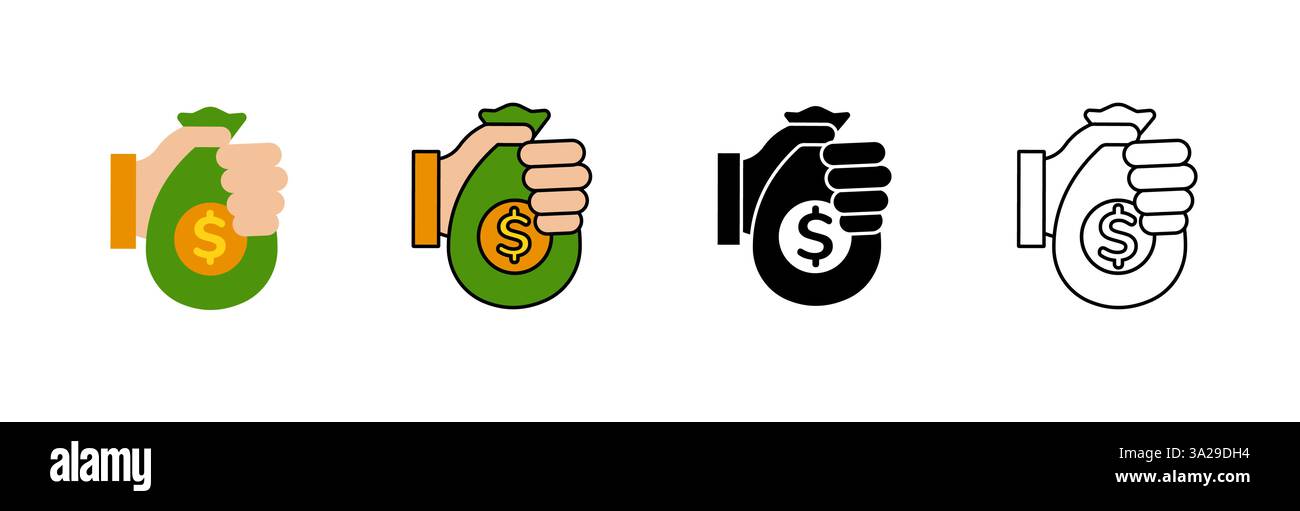 Four hands holding money bags with dollar signs in various styles and ...