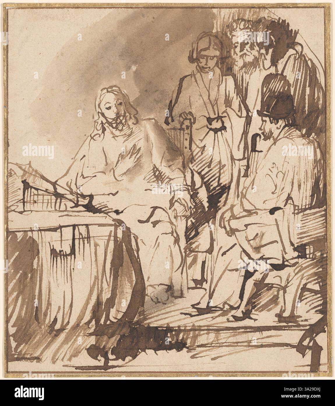 This scene depicts Christ and four disciples, with three standing and ...