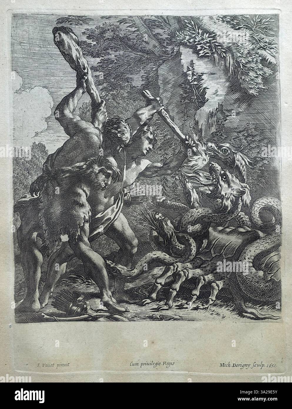 Hercules is shown battling the Lernaean Hydra, a serpent-like creature ...