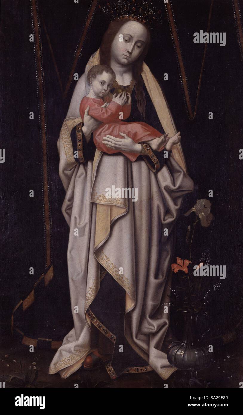 This artwork, attributed to a follower of Hugo van der Goes, depicts the Virgin Mary with the ...