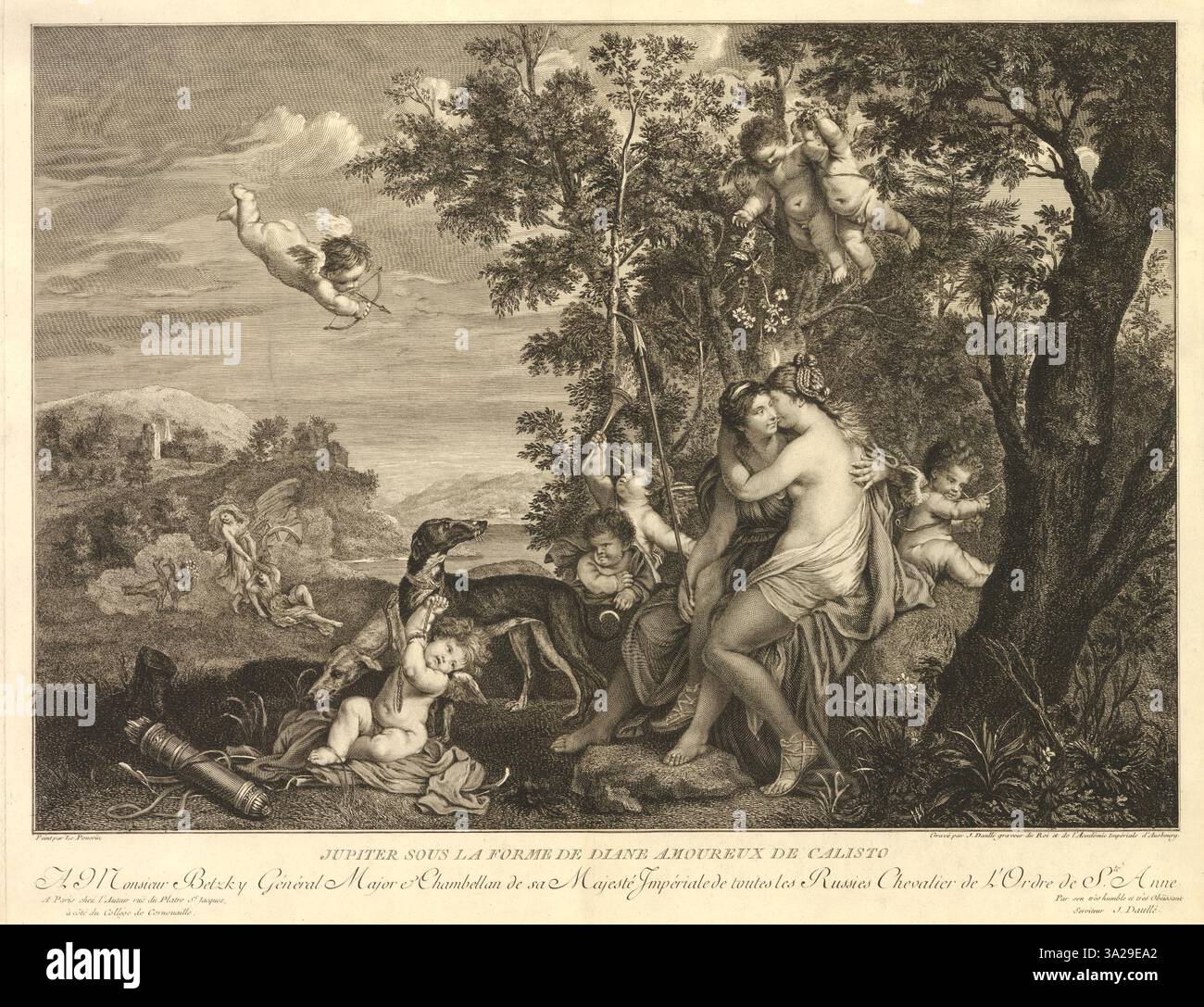 Jean Daullé’s engraving, inspired by Poussin, depicts a classical ...