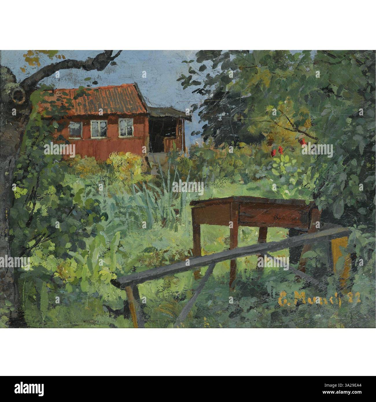 This 1882 painting by Edvard Munch depicts a garden with a red house ...