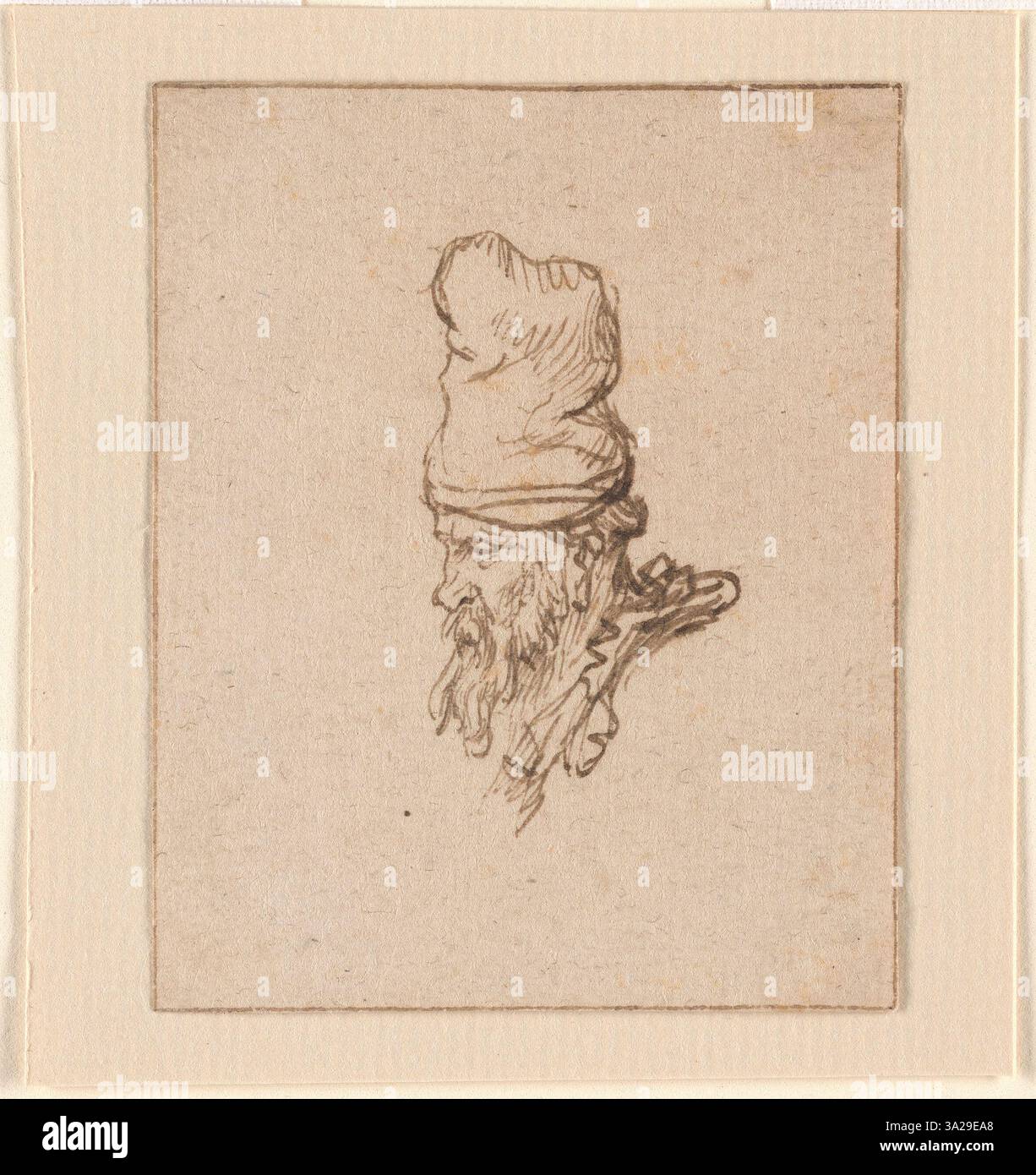 This study shows the head of a bearded man in a high cap, facing left ...