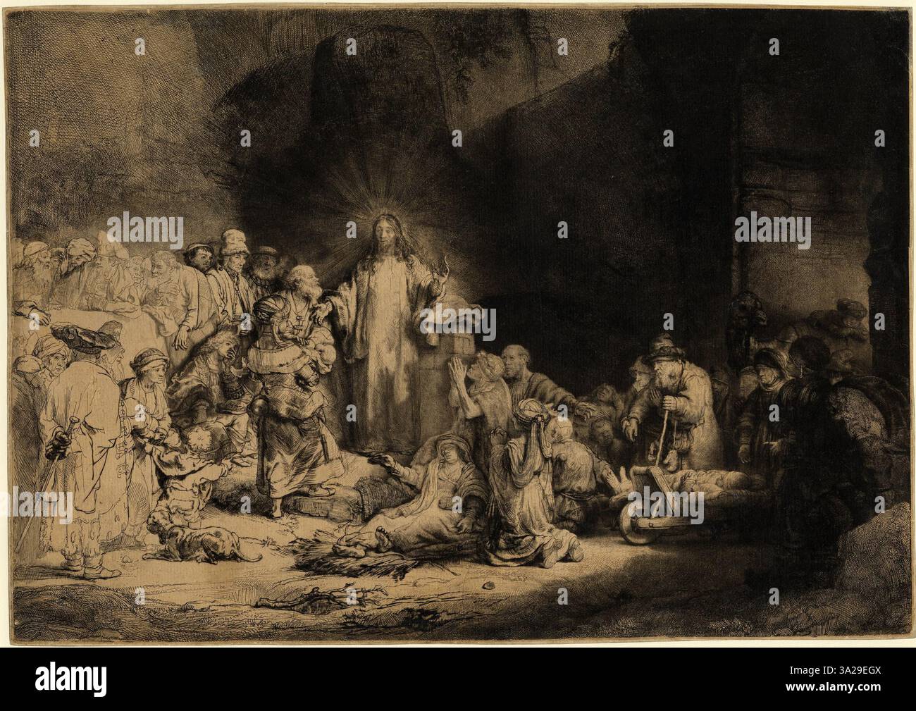 In this etching, Rembrandt's technique of using contrasting lights and ...