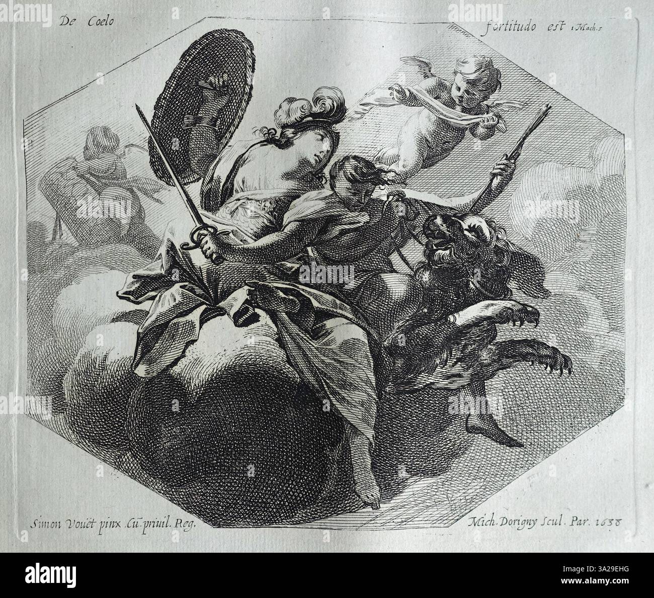 The allegory of Fortitude presents a woman seated on clouds, armed and ...