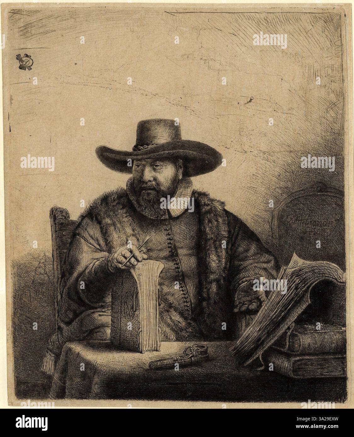 In this etching, Rembrandt uses contrasts of light and shadow to reveal ...