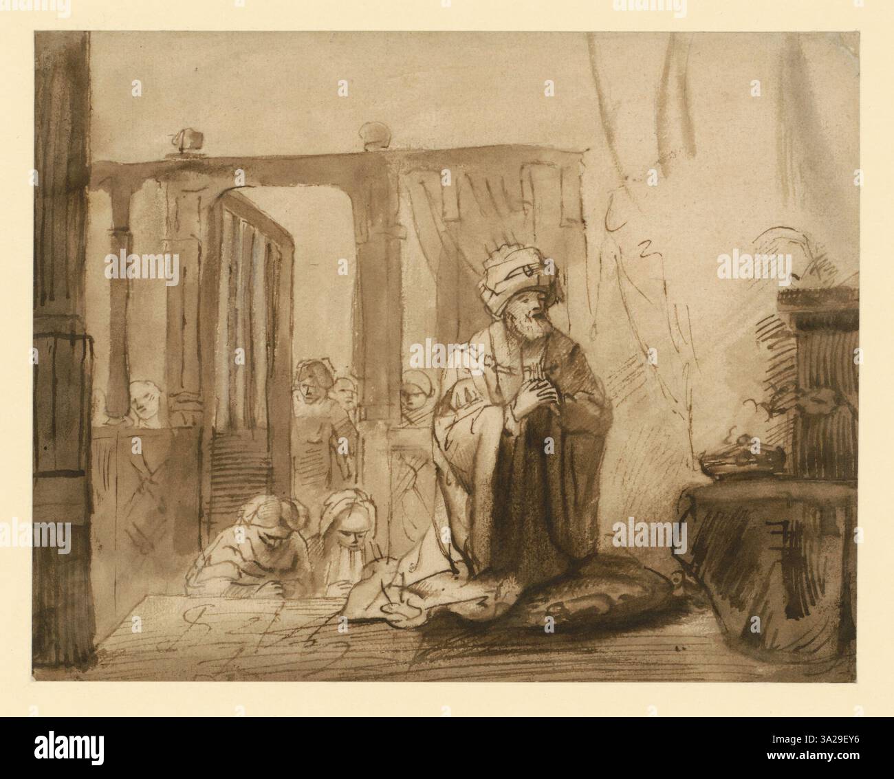 This painting depicts a prince praying before an altar, surrounded by ...