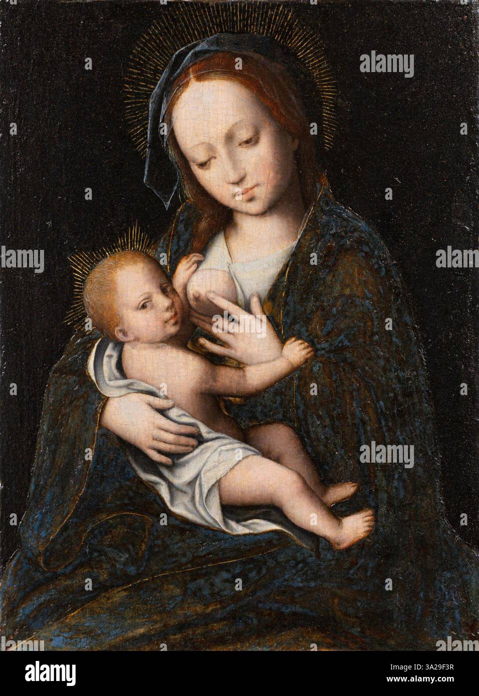 The Virgin and Child, painted by a follower of Joos van Cleve, features Mary and the infant ...