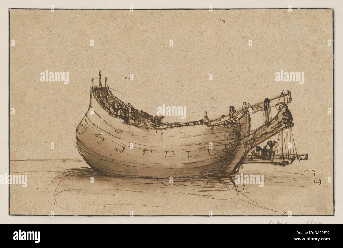 This drawing features the hull of a ship with workers, emphasizing ...