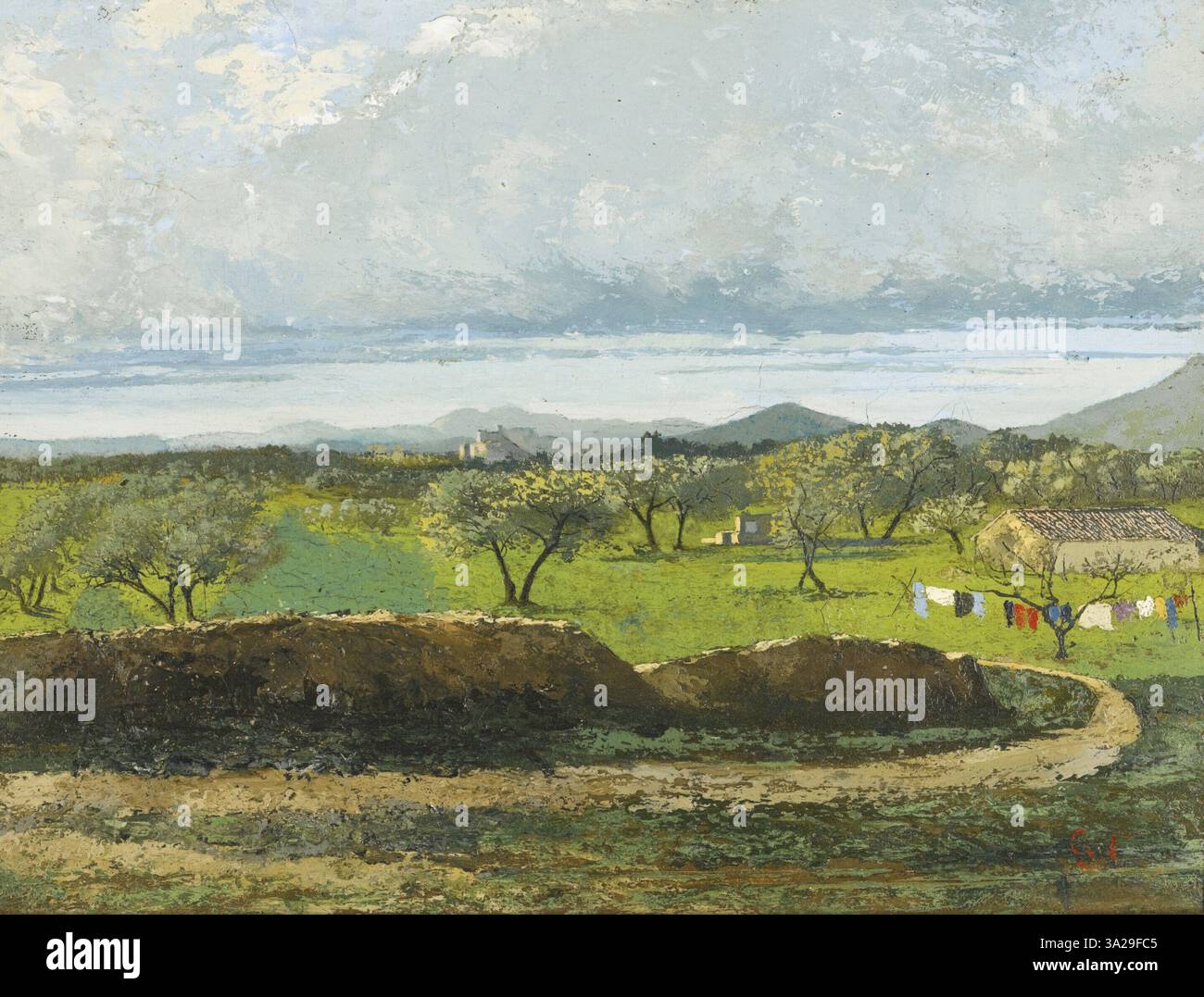 Gustave Courbet's 'Landscape with Wall and Orchard' depicts a rural ...