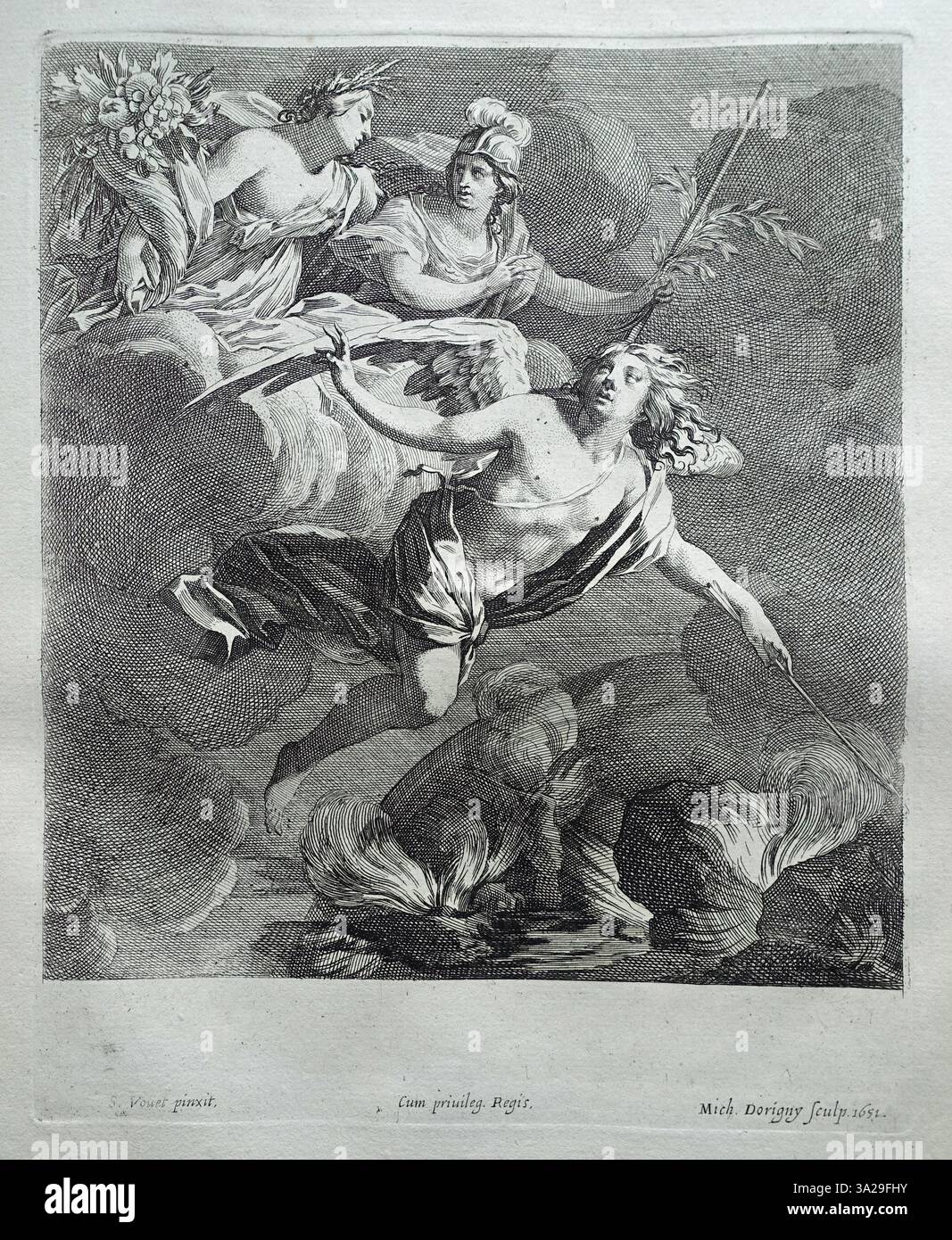 An allegorical figure of Peace, led by a winged spirit holding an arrow ...