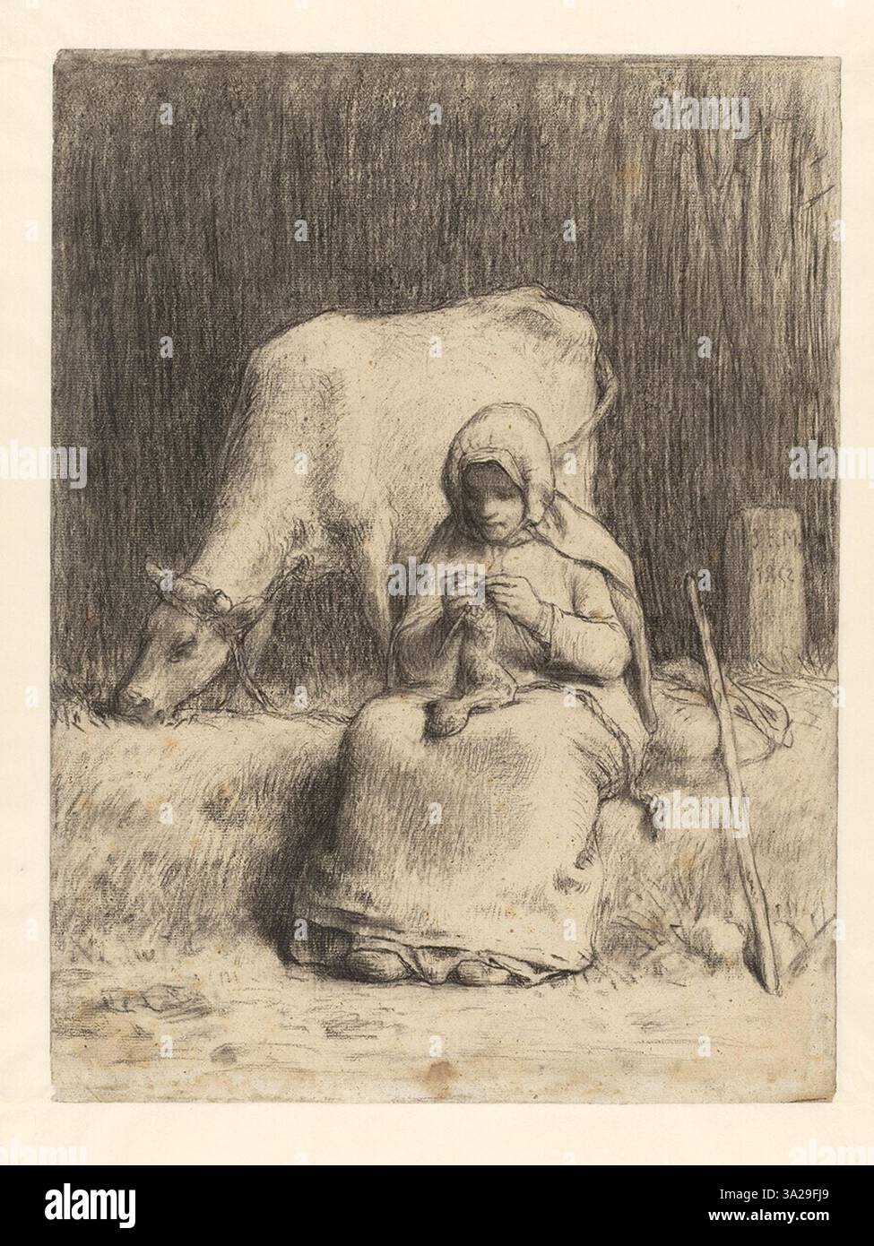 A scene depicting a peasant girl sitting next to her cow, capturing the ...