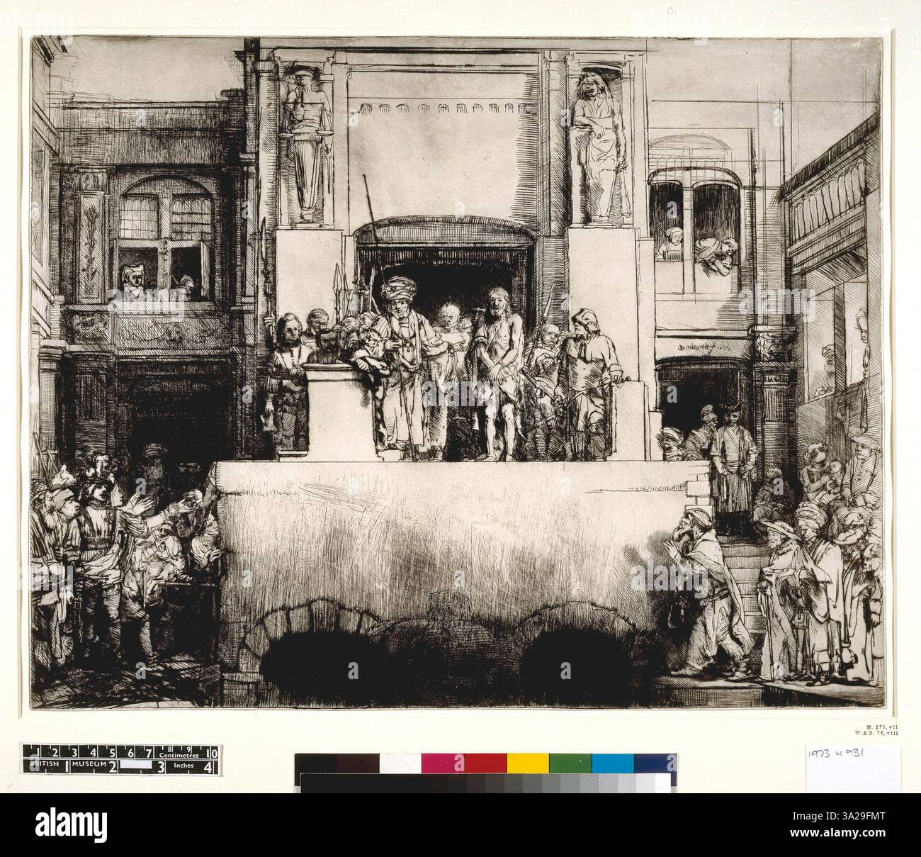 Rembrandt’s etching features a striking contrast of light and shadow to ...