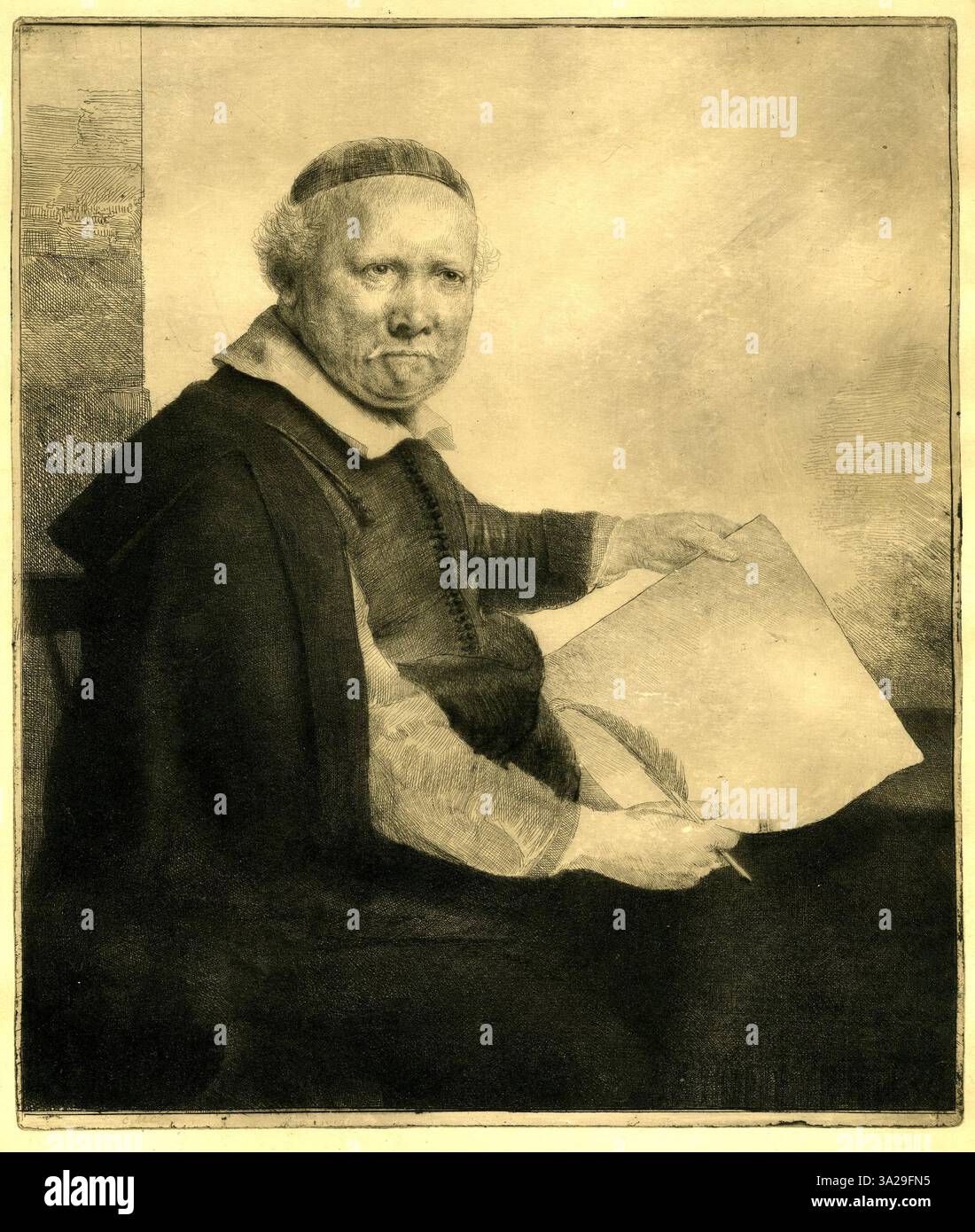 This etching by Rembrandt captures the subject’s solemn expression ...