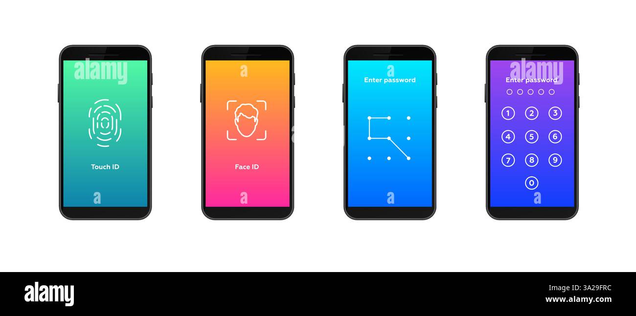 Different smartphone security options: touch id, face id, pattern, and numeric password Stock ...