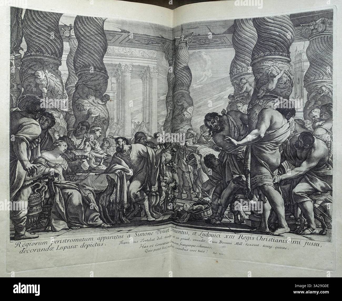 This artwork depicts the feast of the Philistines, with Samson at the ...