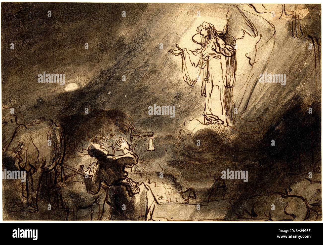 This etching shows the angel appearing to the shepherds, a pivotal ...