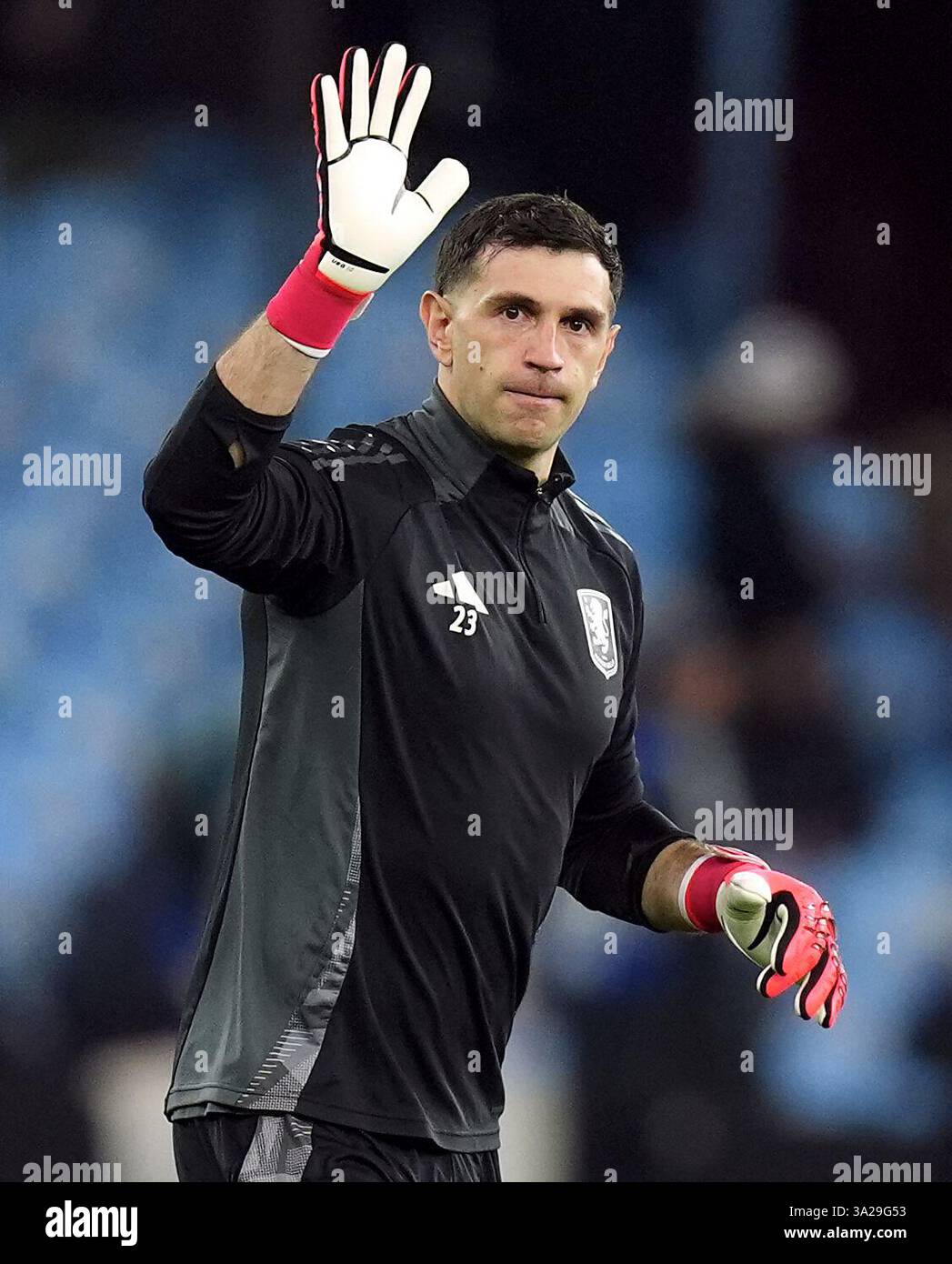 Aston Villa goalkeeper Emiliano Martinez warms up before the UEFA ...