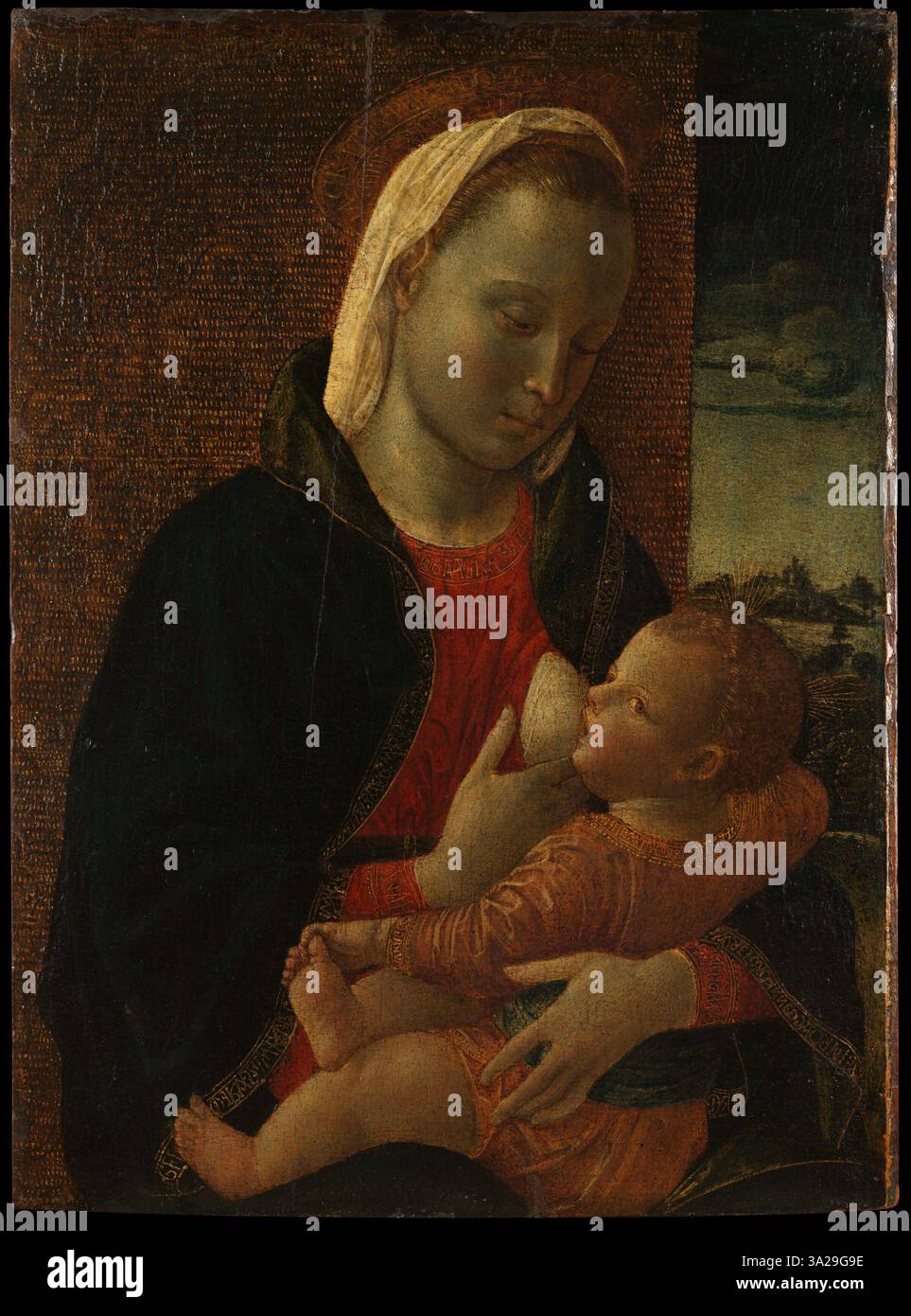 A depiction from Foppa's workshop, this painting shows the Madonna tenderly nursing the Christ ...