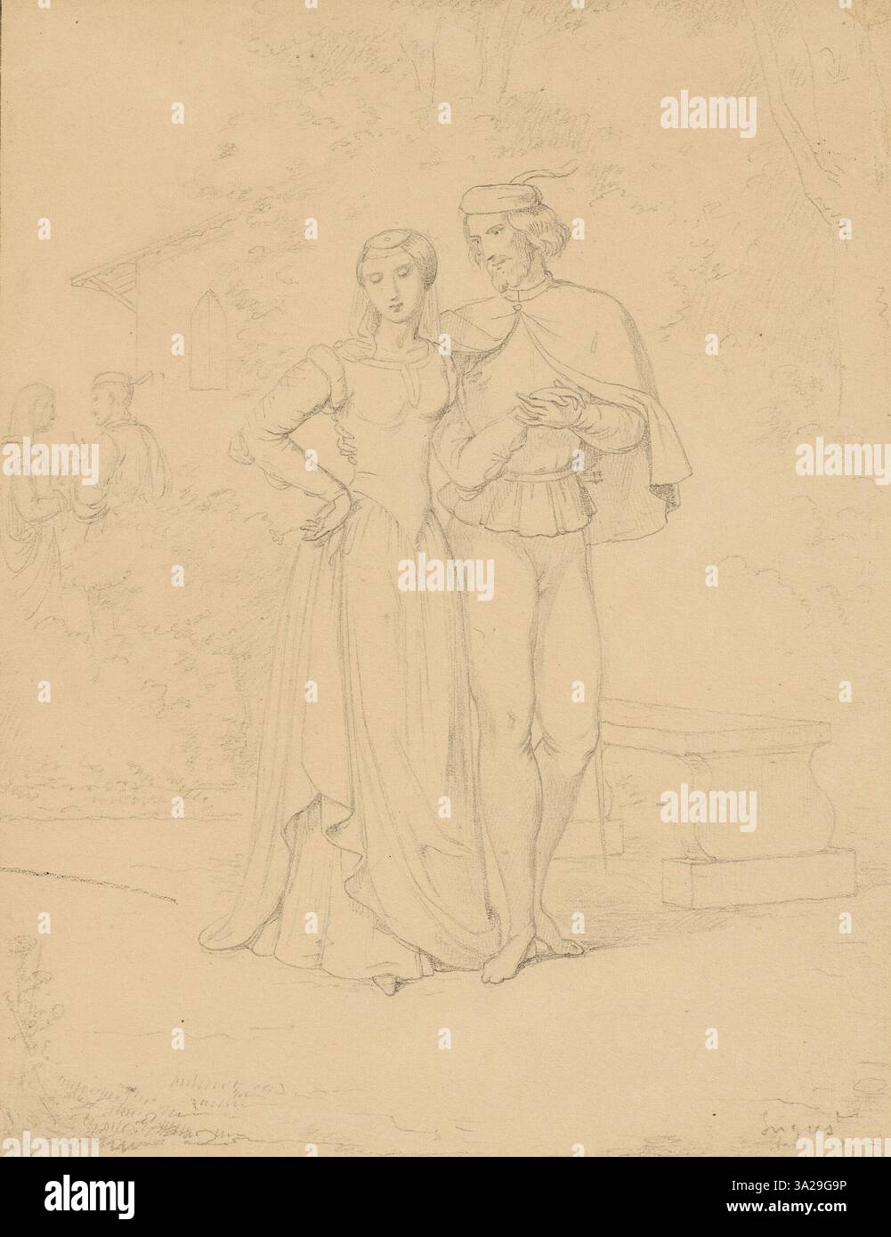 This work by Ingres depicts a medieval couple in costume, set against a ...
