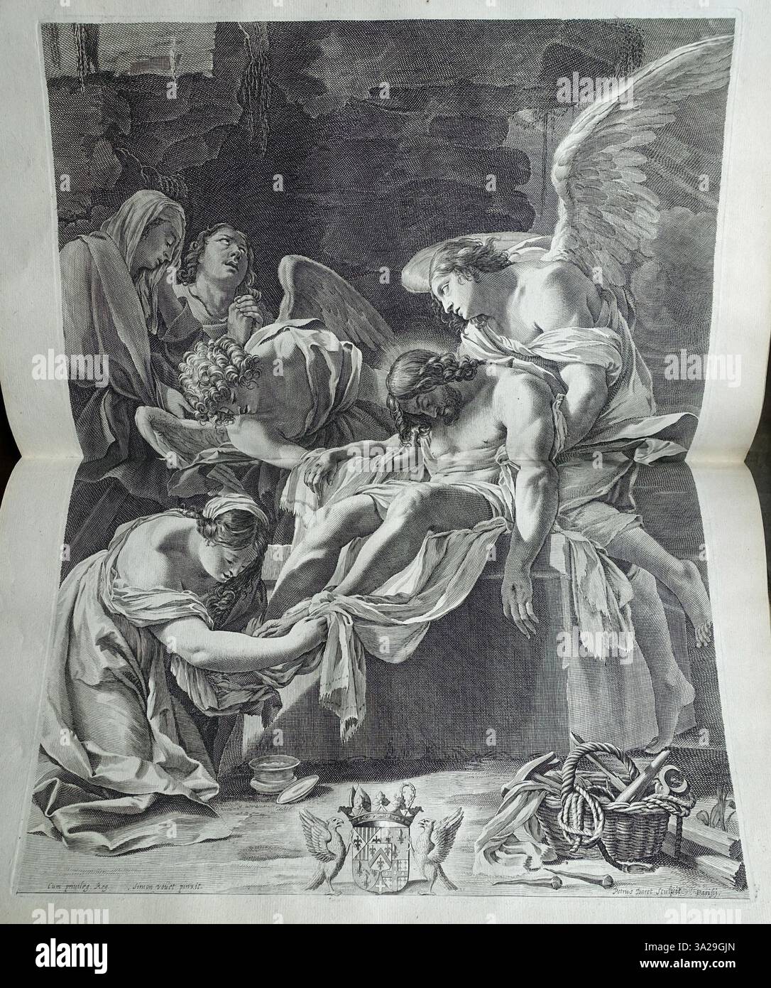 This work shows the entombment of Christ, with two angels carrying his ...