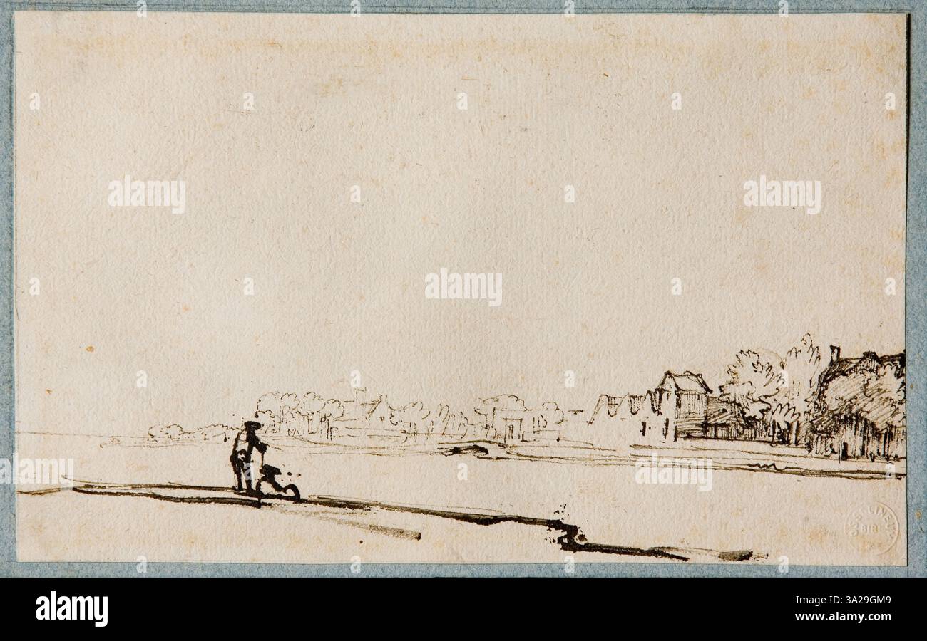 This pen and ink drawing by Rembrandt shows a view of Amsterdam from ...