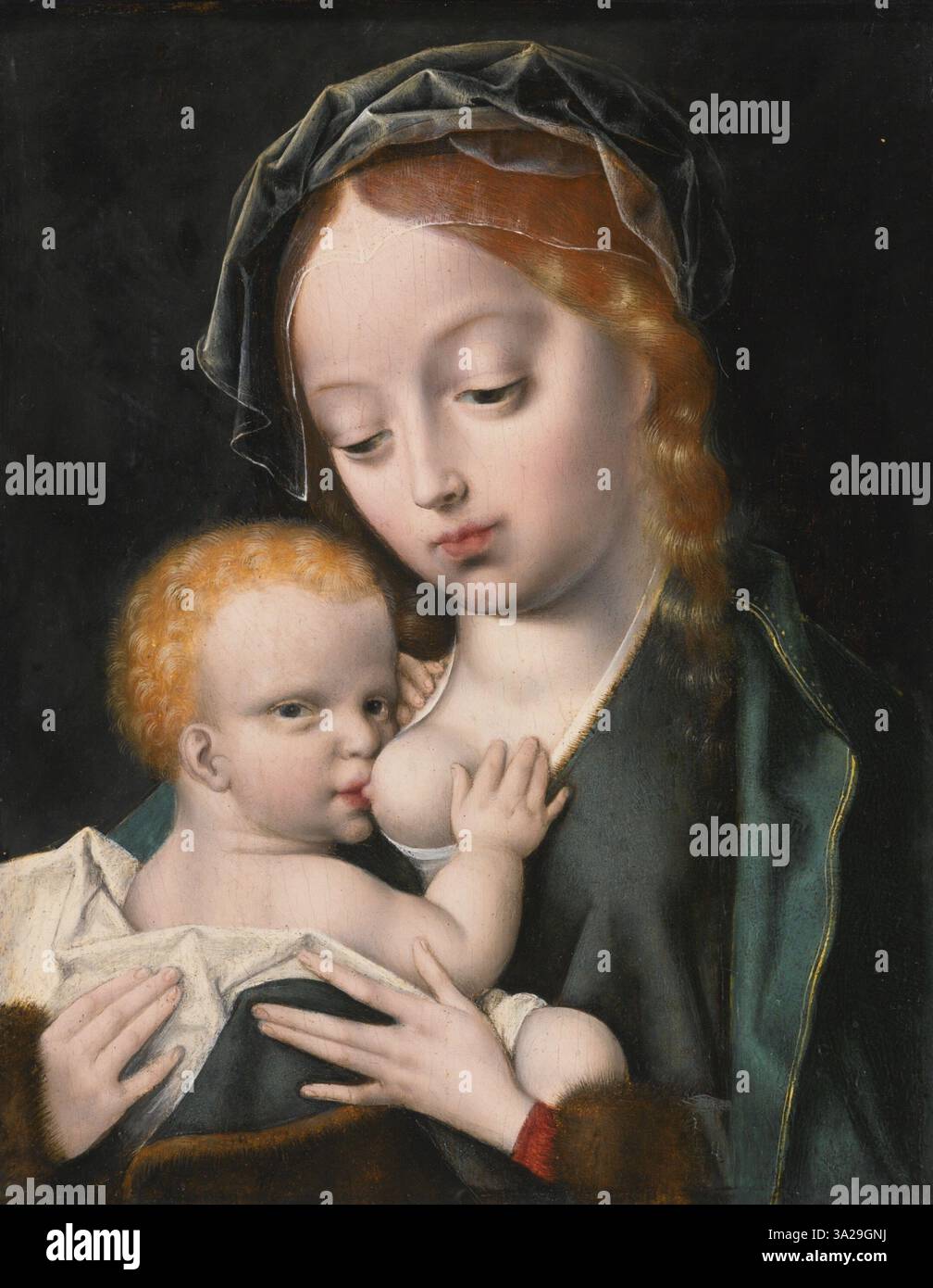 The Virgin and Child, attributed to Joos van Cleve, features the Virgin Mary holding the infant ...