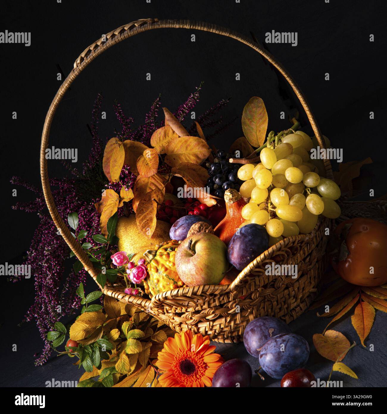Autumn cornucopia in a round basket Stock Photo - Alamy