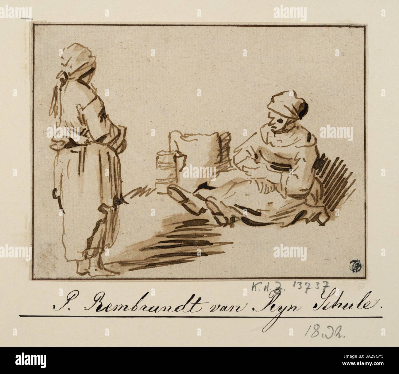 This study by Rembrandt shows two women, one standing to the left and ...