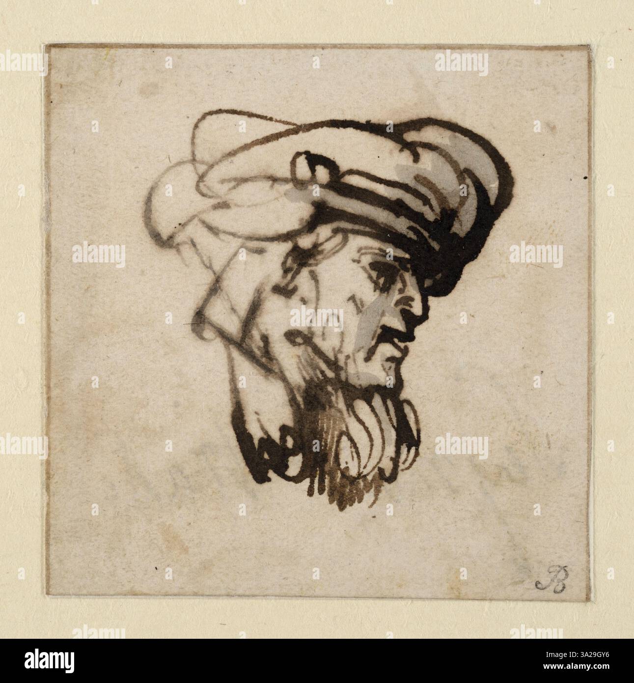 This artwork by Rembrandt depicts a bearded man wearing a turban ...