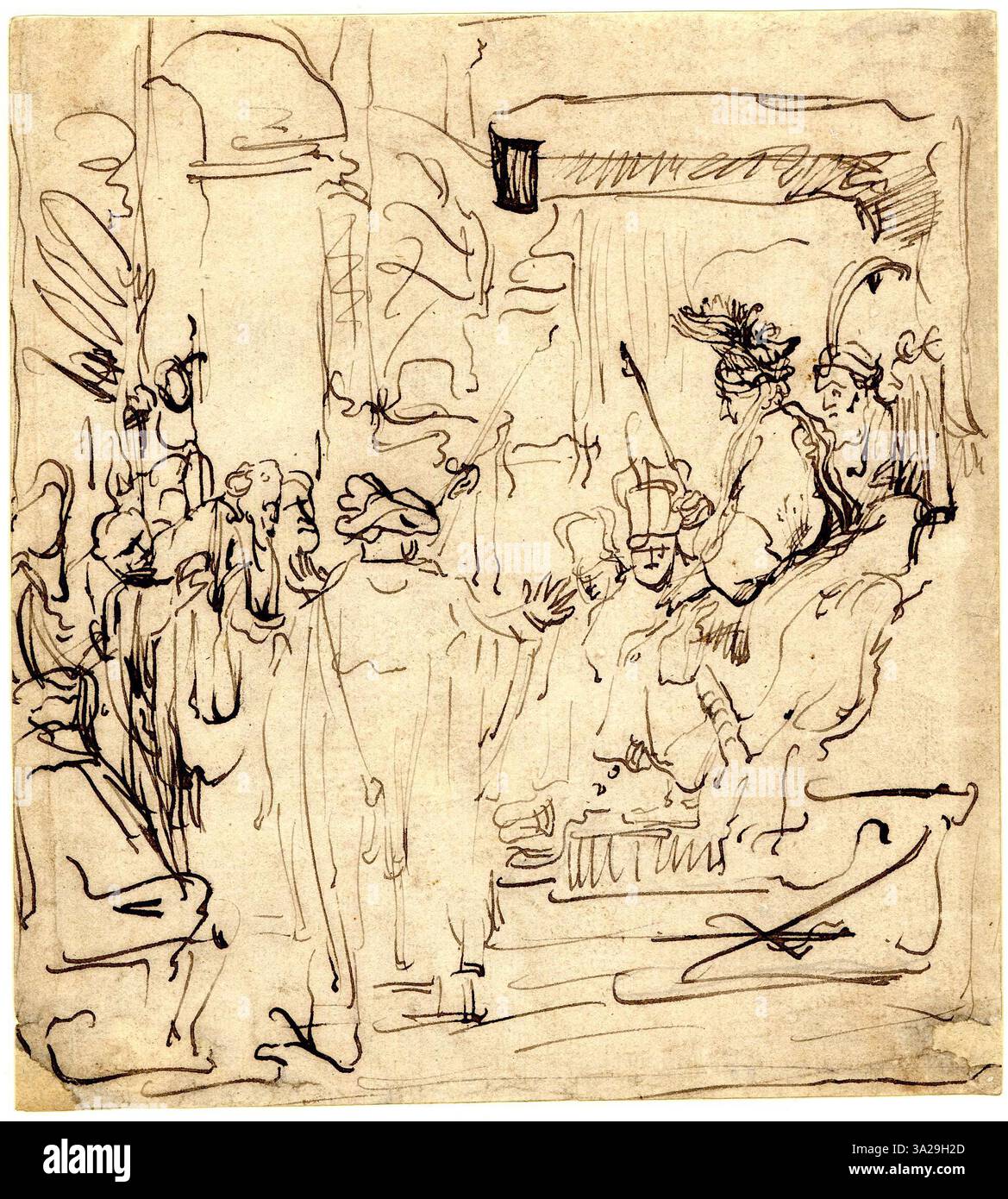 This etching shows an aged prisoner standing before a judge, capturing ...