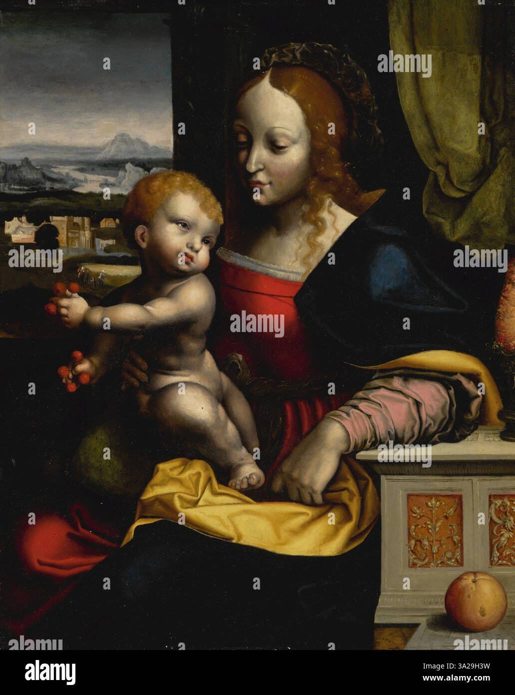 The Madonna of the Cherries, attributed to an Italian follower of Joos van Cleve, shows the ...