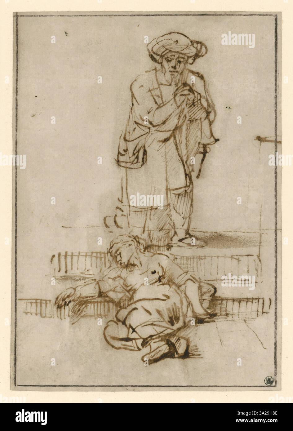 This drawing shows a man with a turban raising his hands in lamentation ...