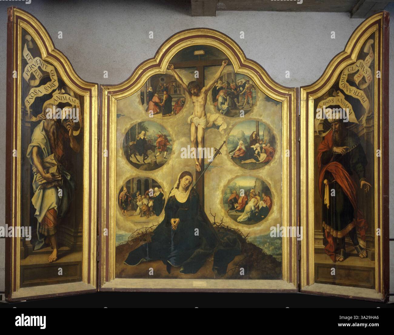 This triptych portrays the Virgin Mary in sorrow, commemorating the Seven Sorrows of Mary. The ...