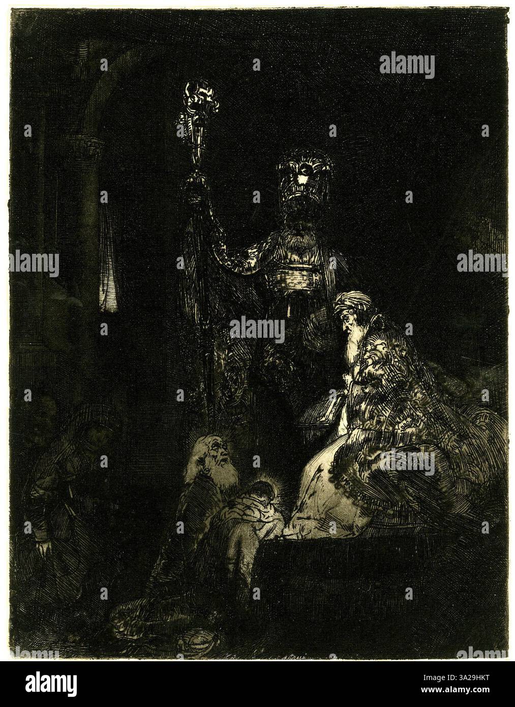 In this etching, Rembrandt explores the interplay of light and shadow ...