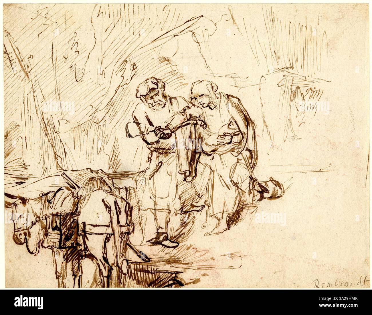 This reproduction depicts the biblical scene of The Flight into Egypt ...