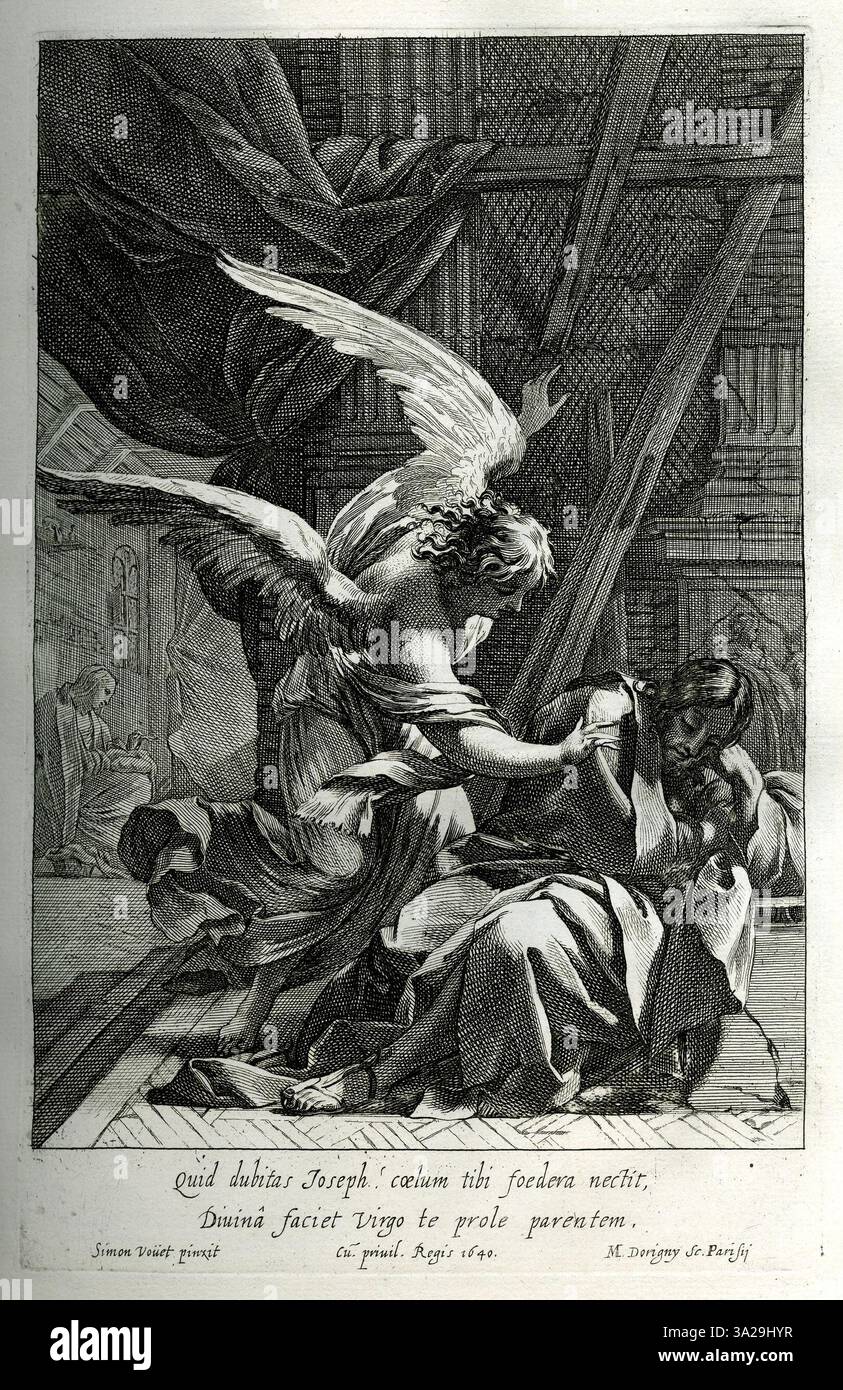 Michel Dorigny’s painting depicts St. Joseph in a humble interior as an angel descends to reveal ...