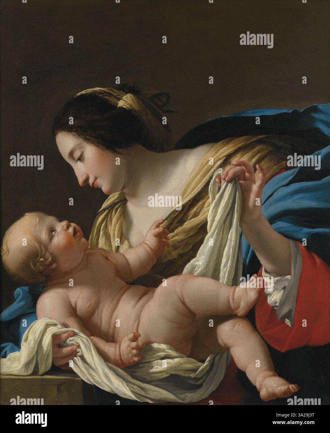 This attributed piece portrays the Virgin Mary holding the Christ child. The gentle expressions ...