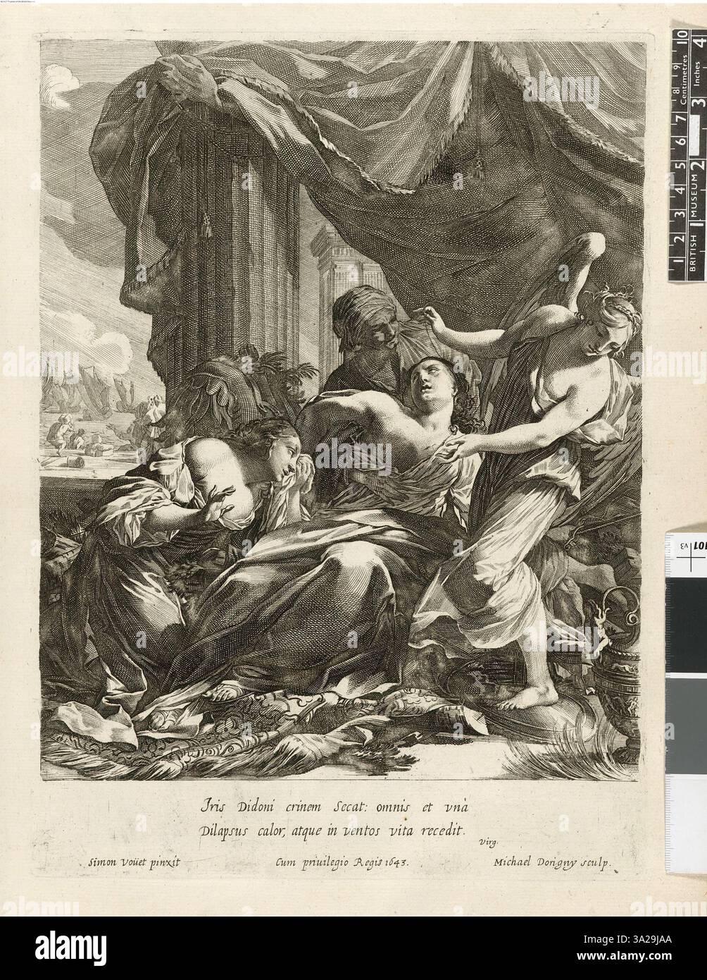 This engraving portrays the death of Dido, Queen of Carthage, seated in ...
