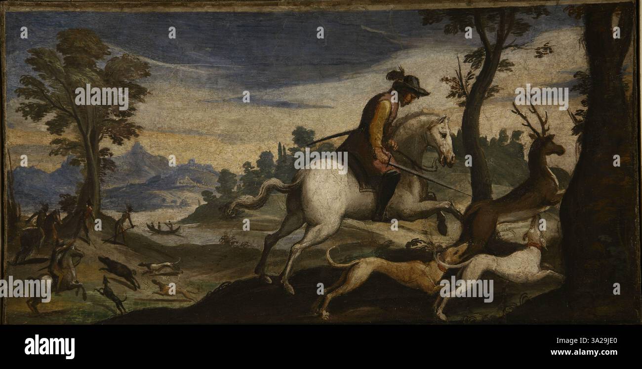 'Caccia al cervo ed al cinghiale' by the workshop of Guercino depicts a ...