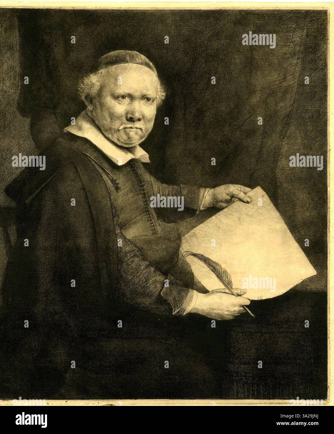 Rembrandt’s etching features a figure with deep, thoughtful expression ...