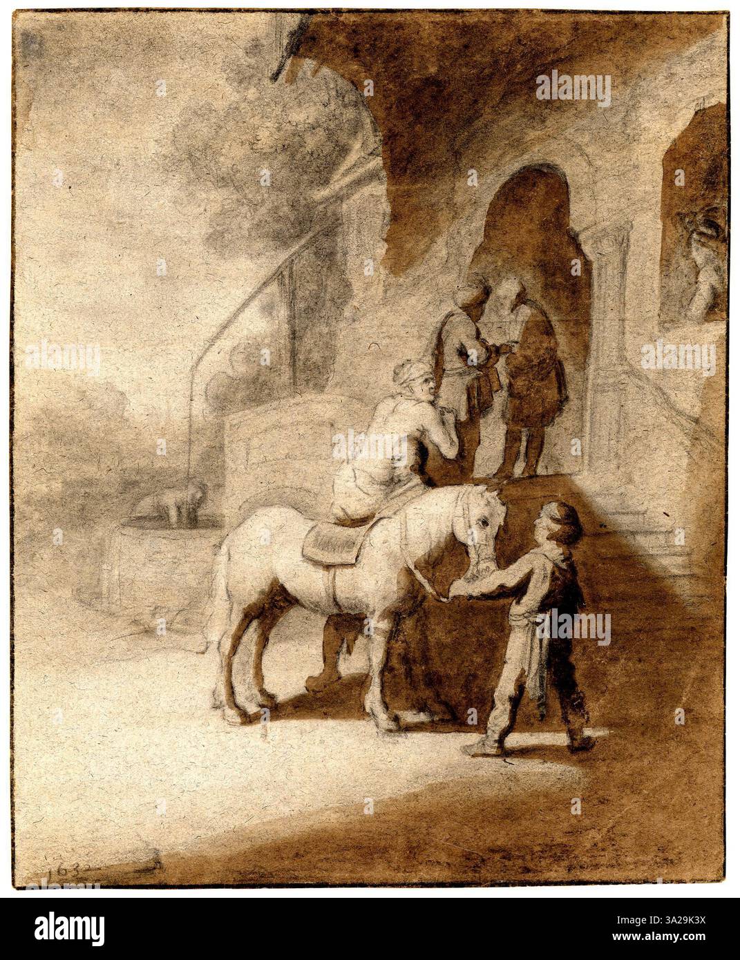 A reproduction of The Good Samaritan, showing the Samaritan aiding an ...